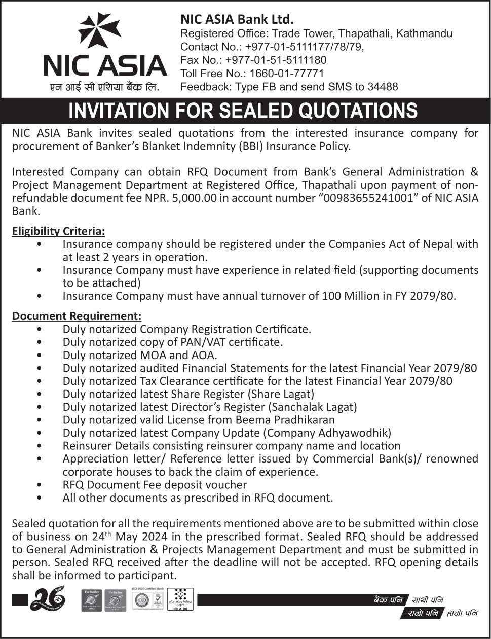 INVITATION FOR SEALED QUOTATIONS-Procurement of Banker’s Blanket ...