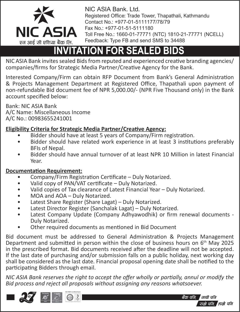 INVITATION FOR SEALED BIDS - NIC ASIA Bank invites sealed Bids from ...